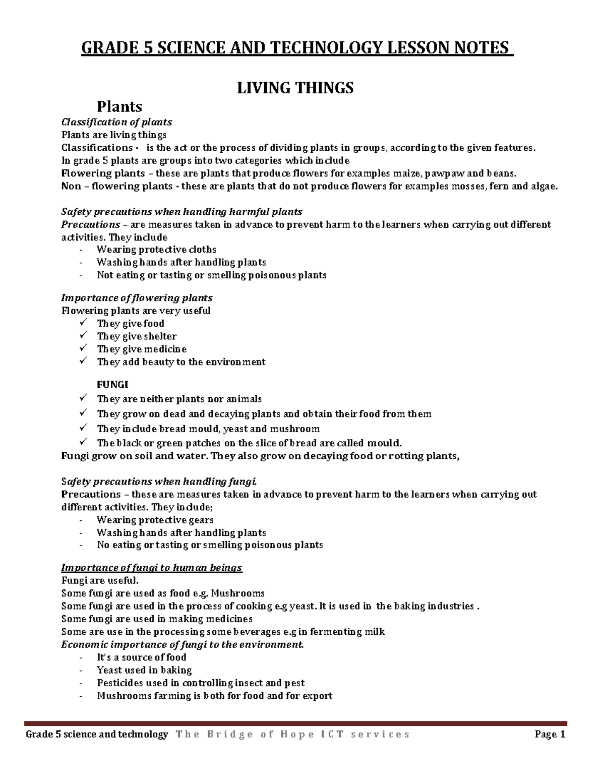 SCIE&TECH G5 Lesson Notes: Living Things, Plants, Fungi, Animals - Studocu