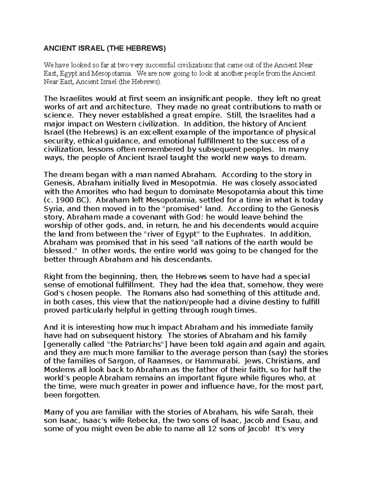 Ancient Israel - Lecture notes Lecture 1 - ANCIENT ISRAEL (THE HEBREWS ...