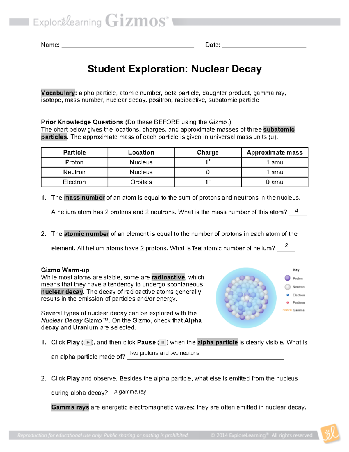 Nuclear Decay Student Exploration with Gizmo Activity Guide - Studocu
