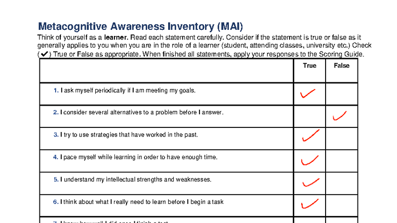 Metacognitive Awareness Inventory (MAI) for Learners: Self-Assessment ...
