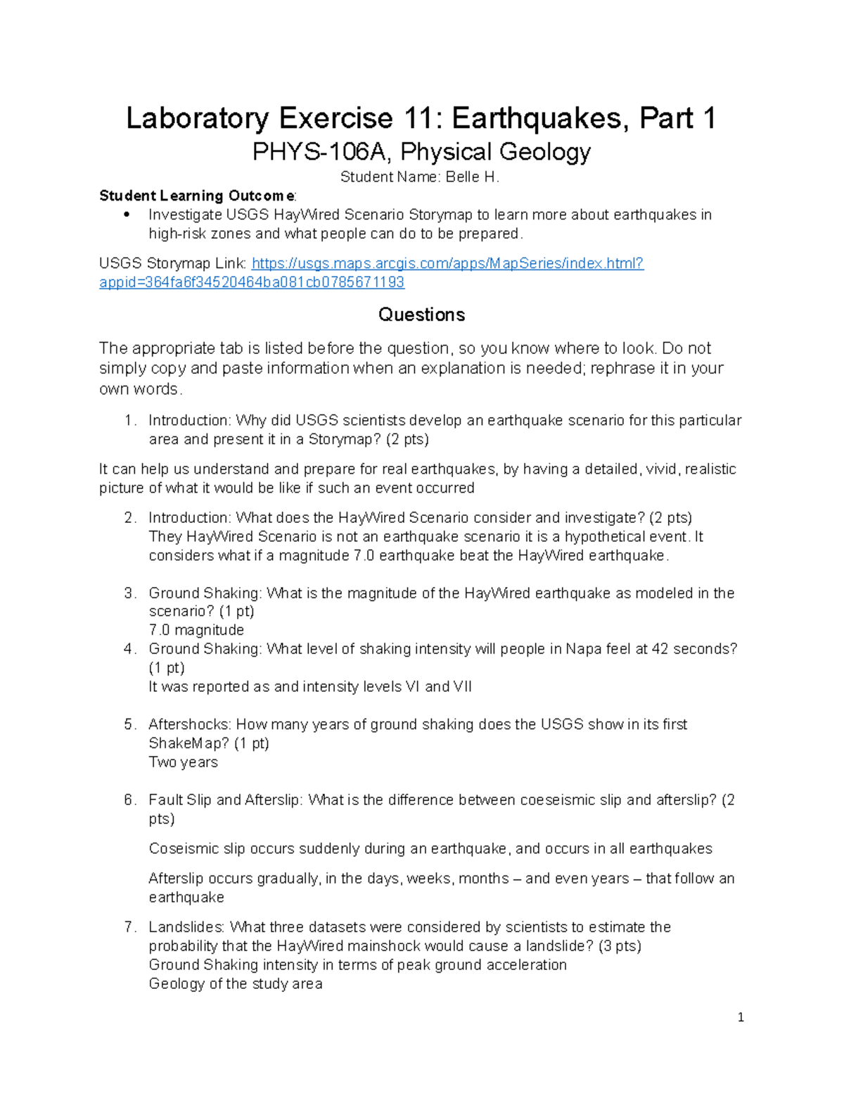 Lab Exercise 11 - Laboratory Exercise 11: Earthquakes, Part 1 PHYS-106A ...