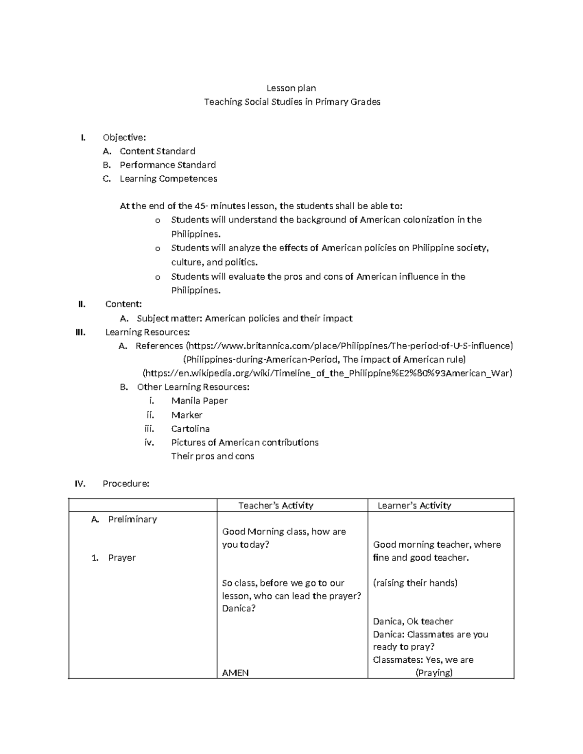 Detailed Lesson Plan: Impact of American Policies in Social Studies ...
