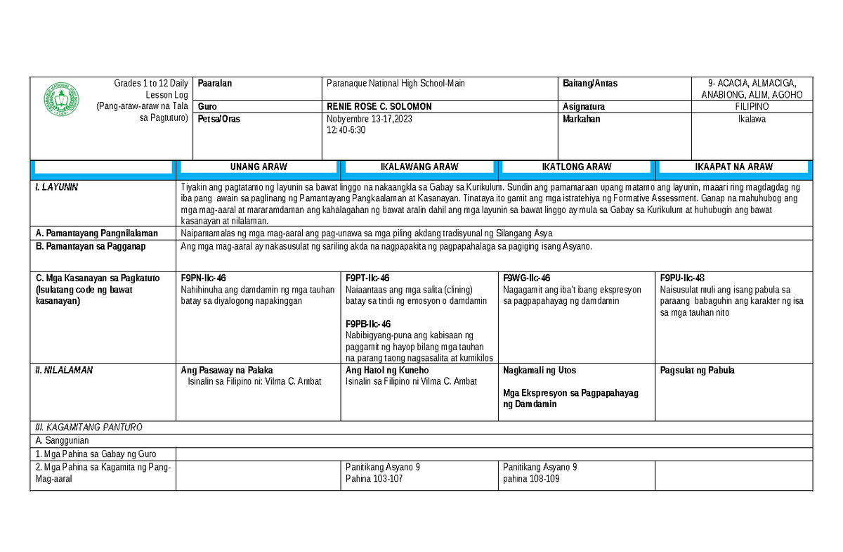 Q2-Week2- Pabula - Grades 1 to 12 Daily Lesson Log (Pang-araw-araw na ...