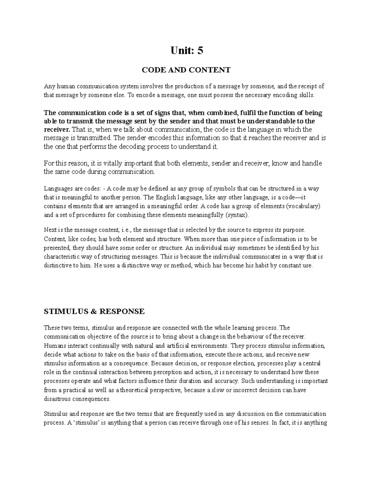 TC Unit-5 - Technical Communication AKTU - Unit: 5 CODE AND CONTENT Any human communication ...