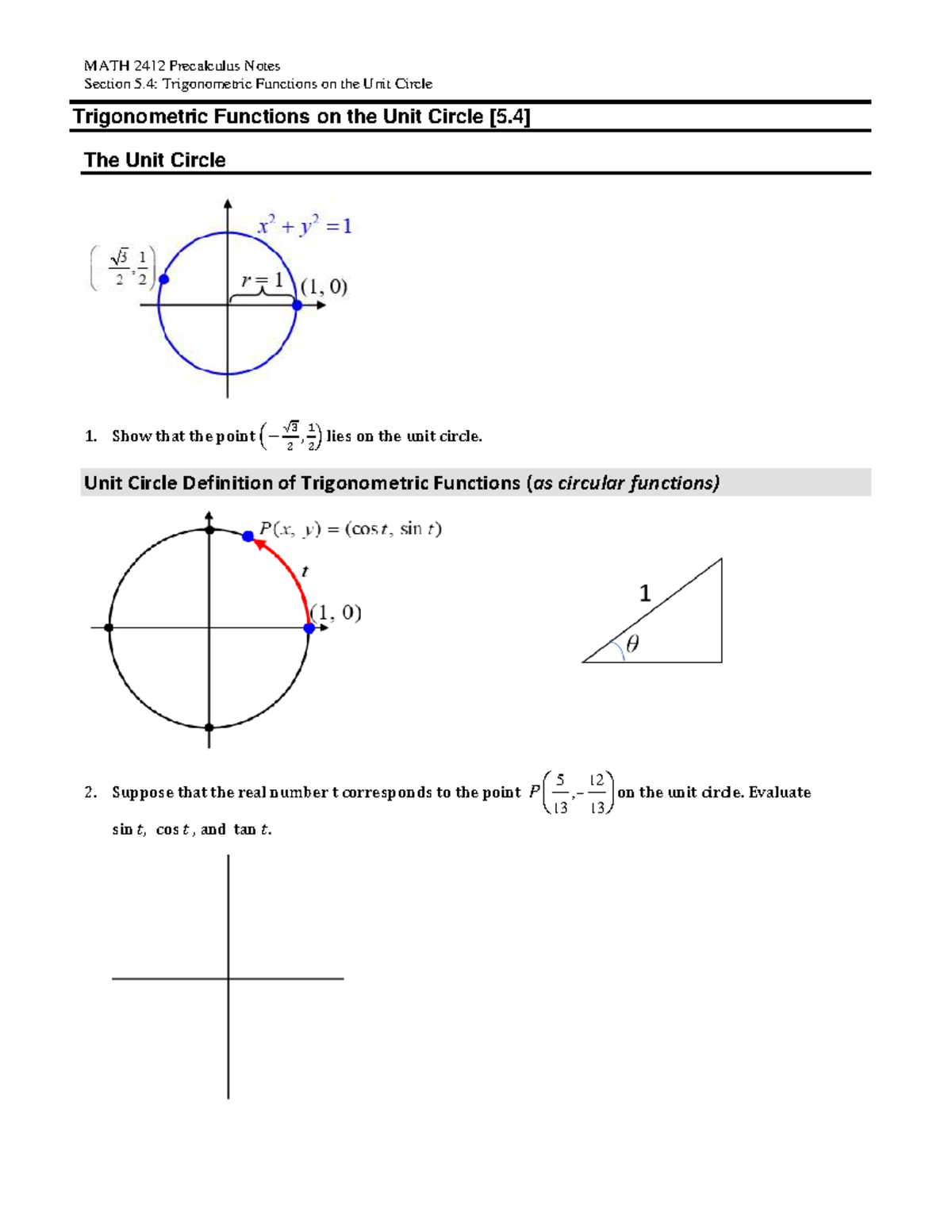MATH 2412 Precalculus Notes: Trigonometric Functions on the Unit Circle ...