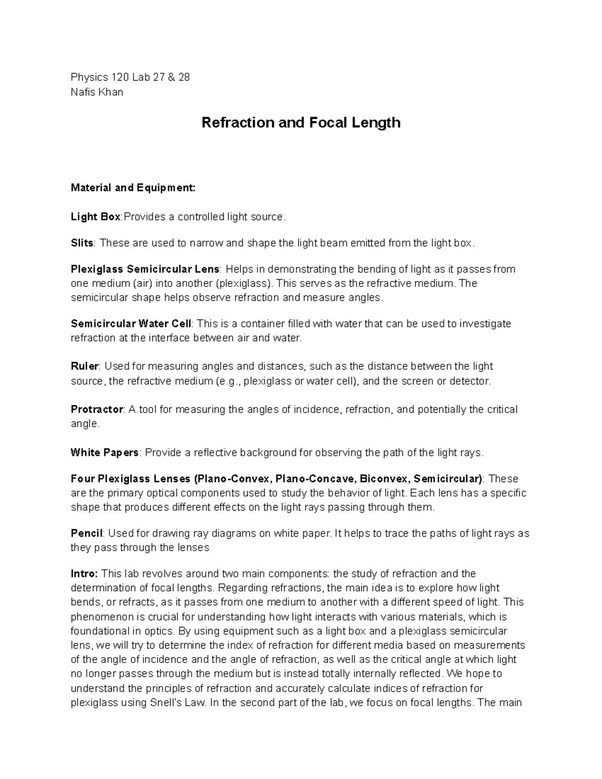 Physics 120 Lab: Exploring Refraction and Focal Lengths in Lenses - Studocu