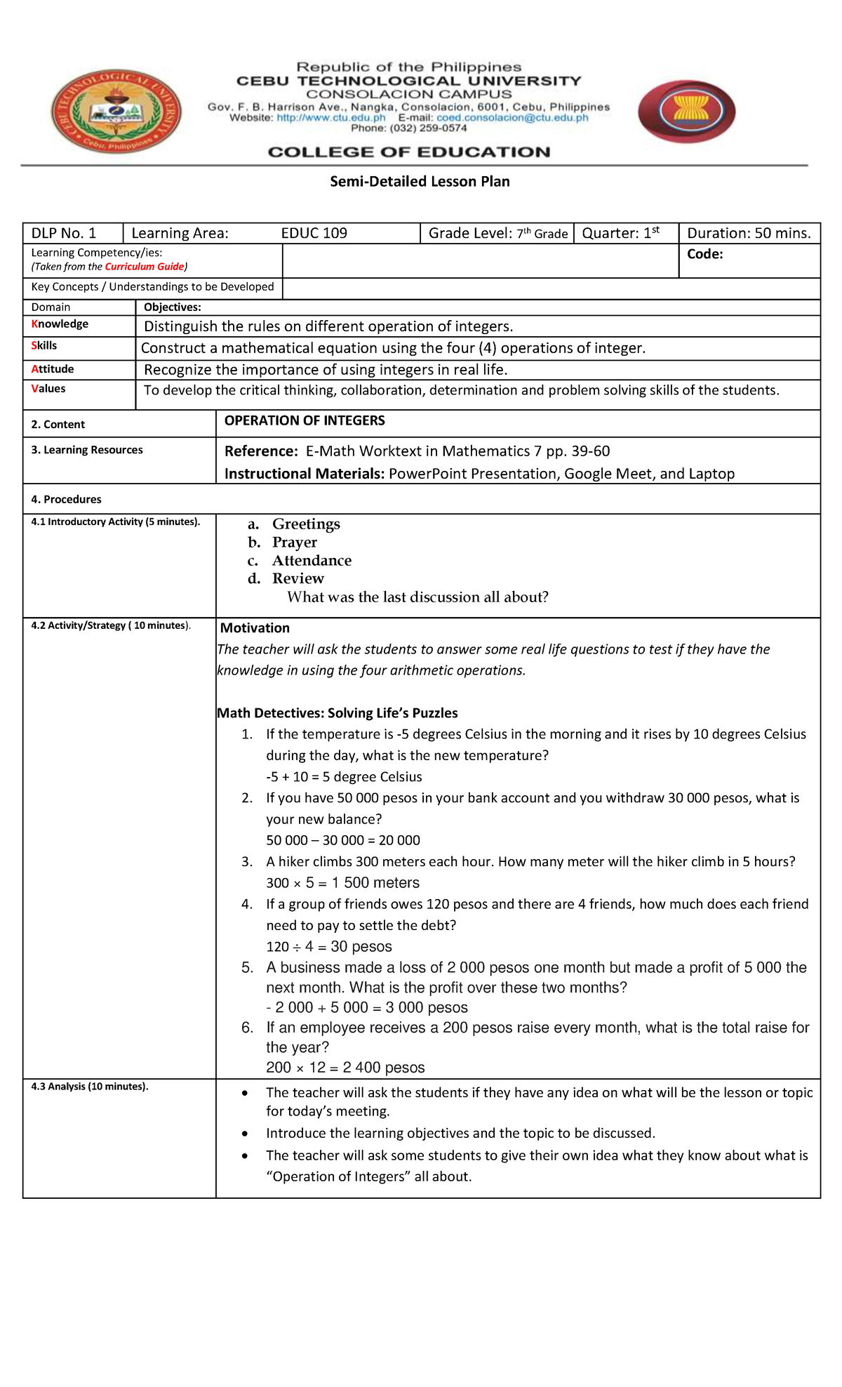 EDUC 109: Semi-Detailed Lesson Plan on Operation of Integers - Studocu