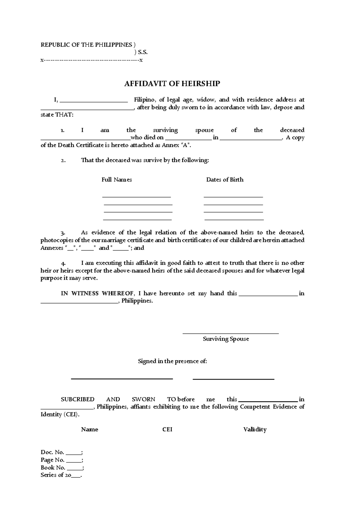 Affidavit of Heirship - Surviving Spouse in the Philippines - Studocu