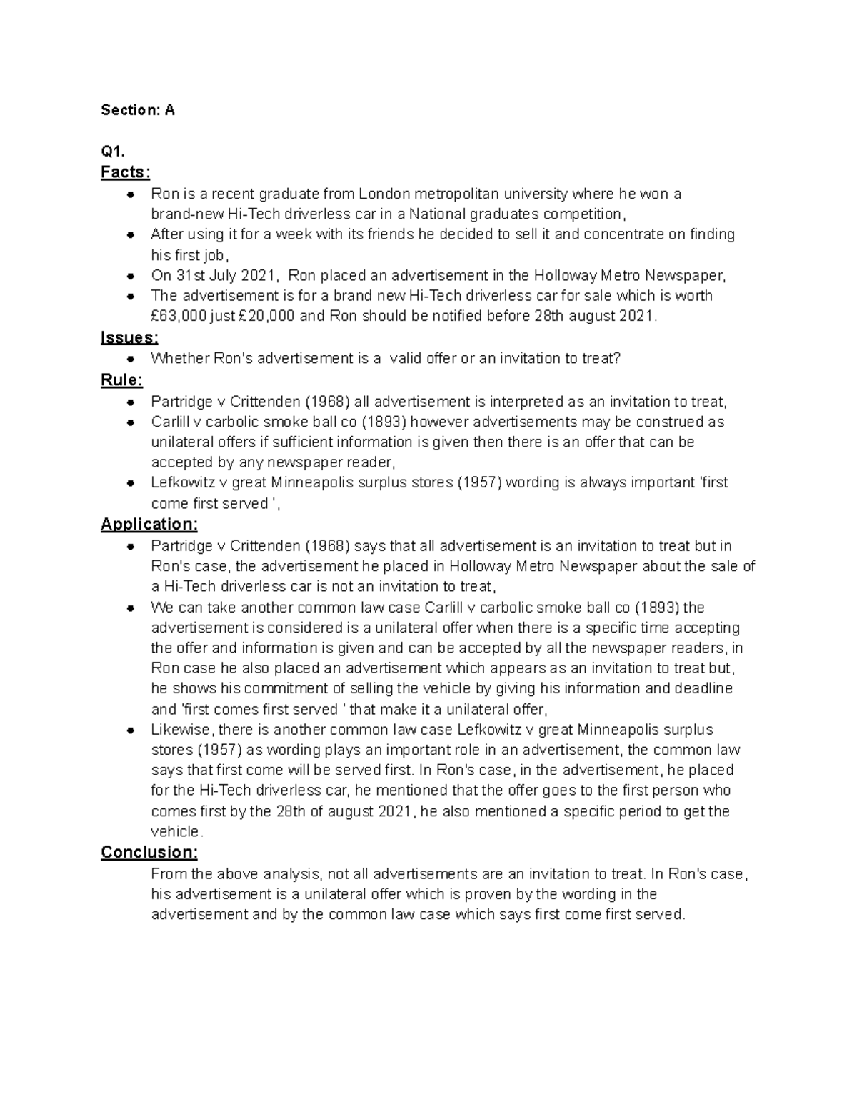 Ron Case Study - Examining Offer and Acceptance in Contract Law - Studocu