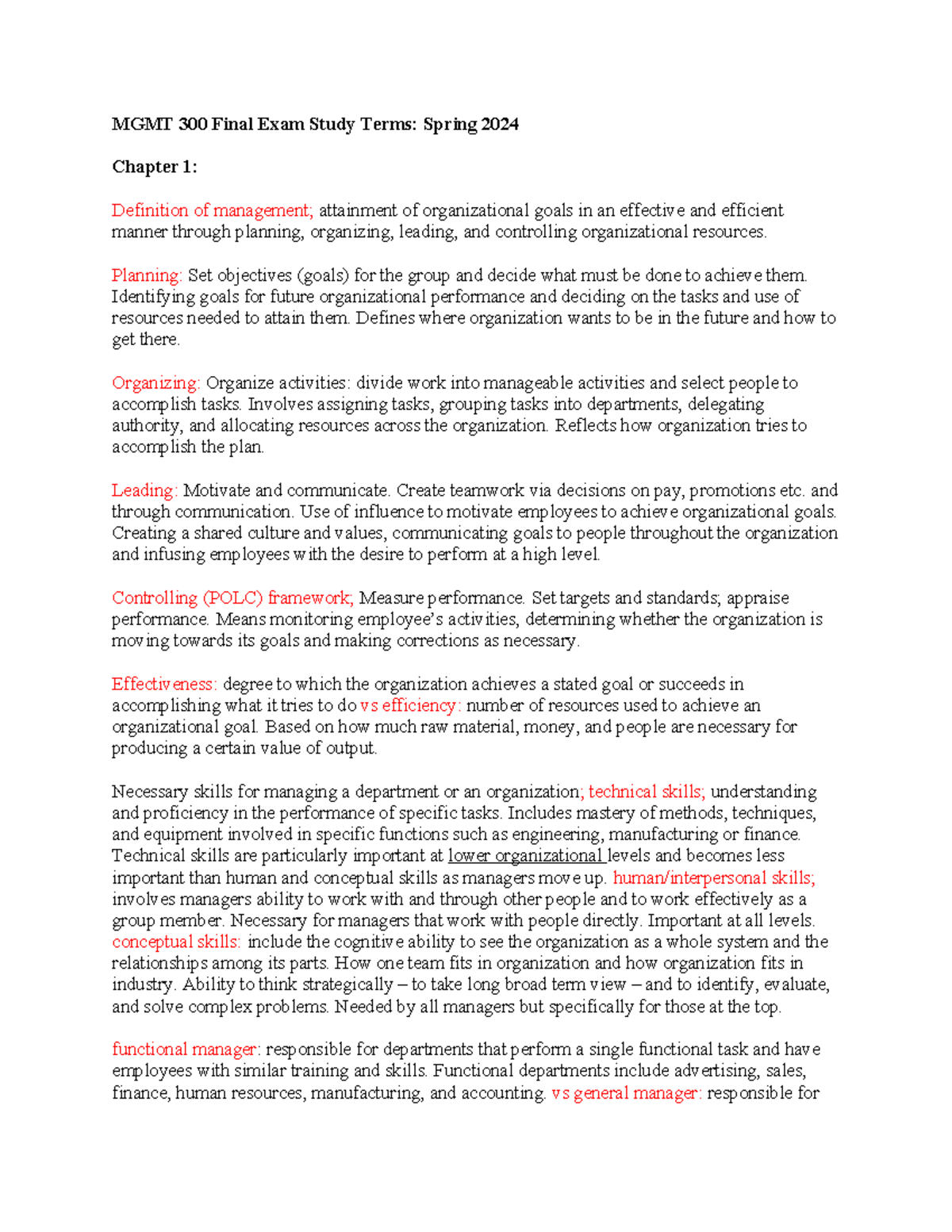MGMT 300 Spring 2024 Final Exam Study Guide & Key Concepts - Studocu