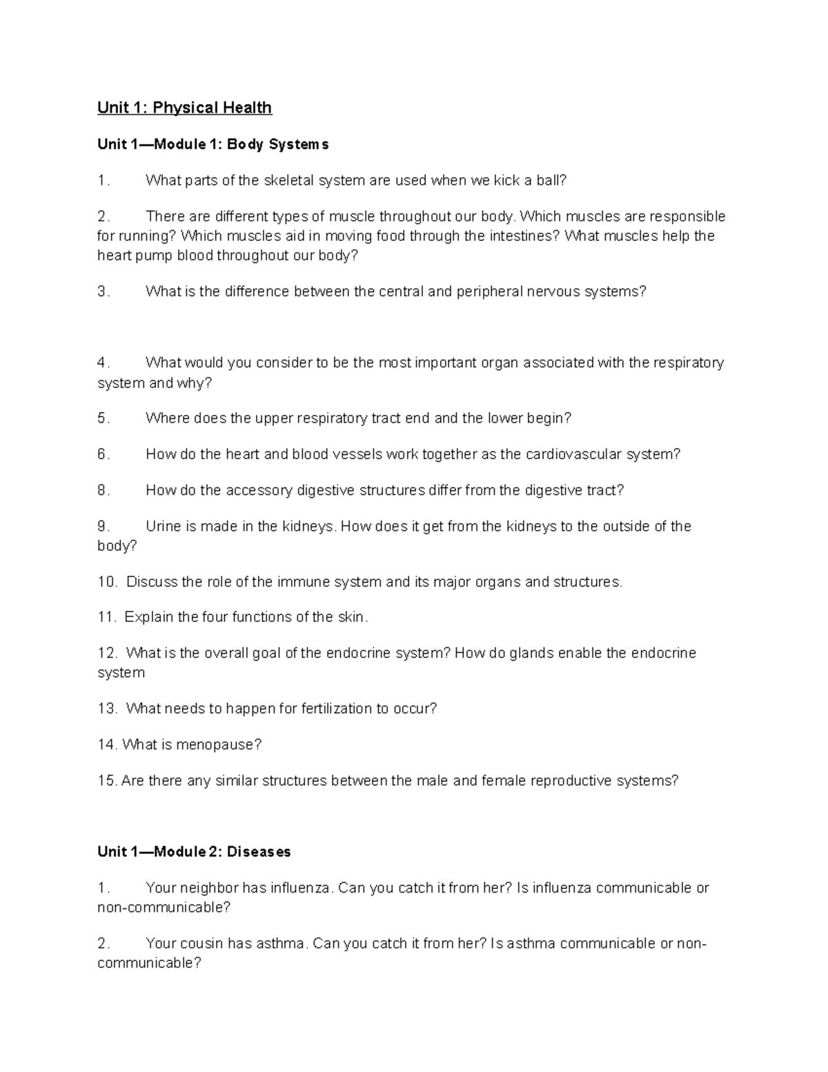 Comprehensive Study Questions for PHED 101: Health & Wellness Units ...