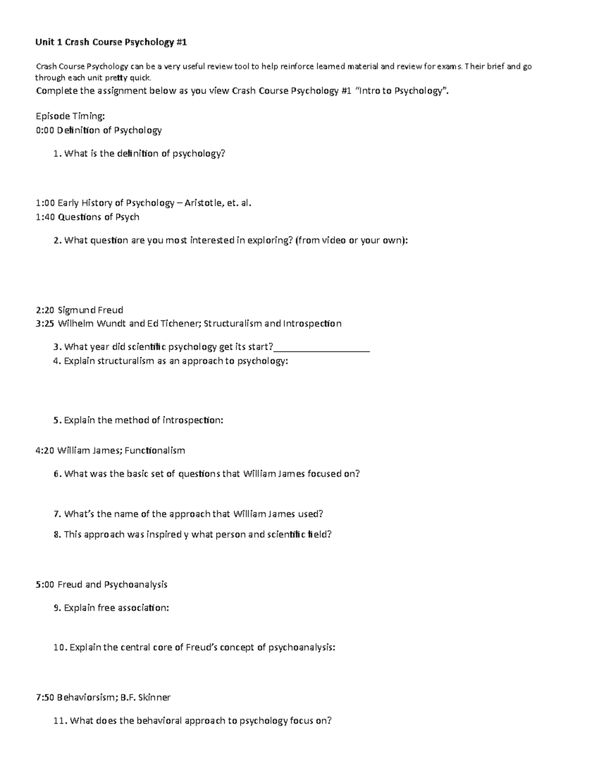 Unit 1: Crash Course Psychology - Intro to Psych Review Notes - Studocu