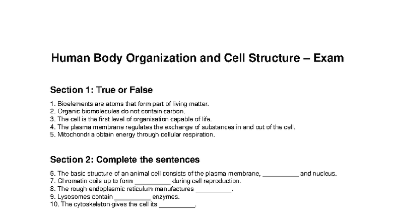 BIO 101: Human Body Organization & Cell Structure Exam - Studocu