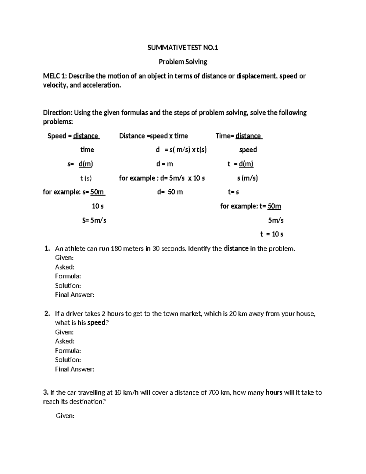 Q3 - Summative Test 1: Problem Solving in Motion Concepts - Studocu