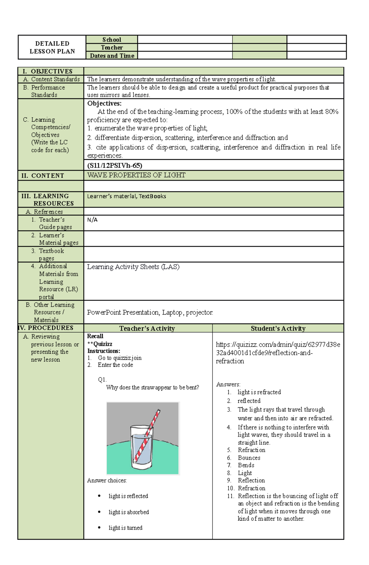 S11/12PSIVh-65: Lesson Plan on Wave Properties of Light - Studocu