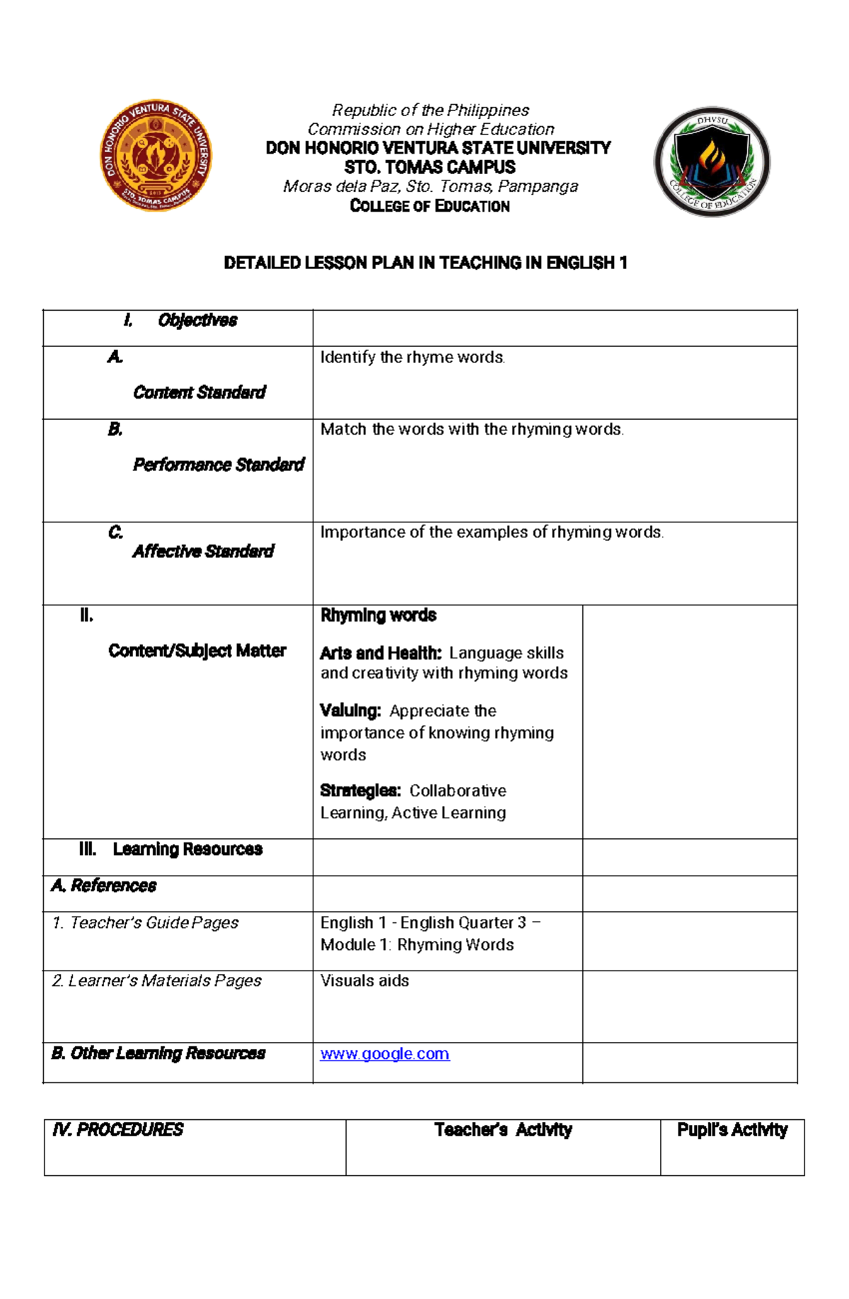 Detailed Lesson Plan on Rhyming Words for English 1 (DLP) - Studocu