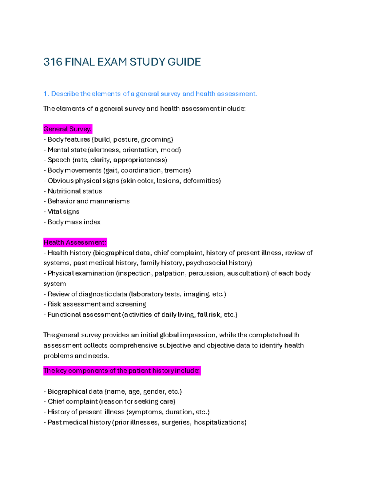 316 FINAL EXAM STUDY GUIDE: Comprehensive Health Assessment Techniques ...