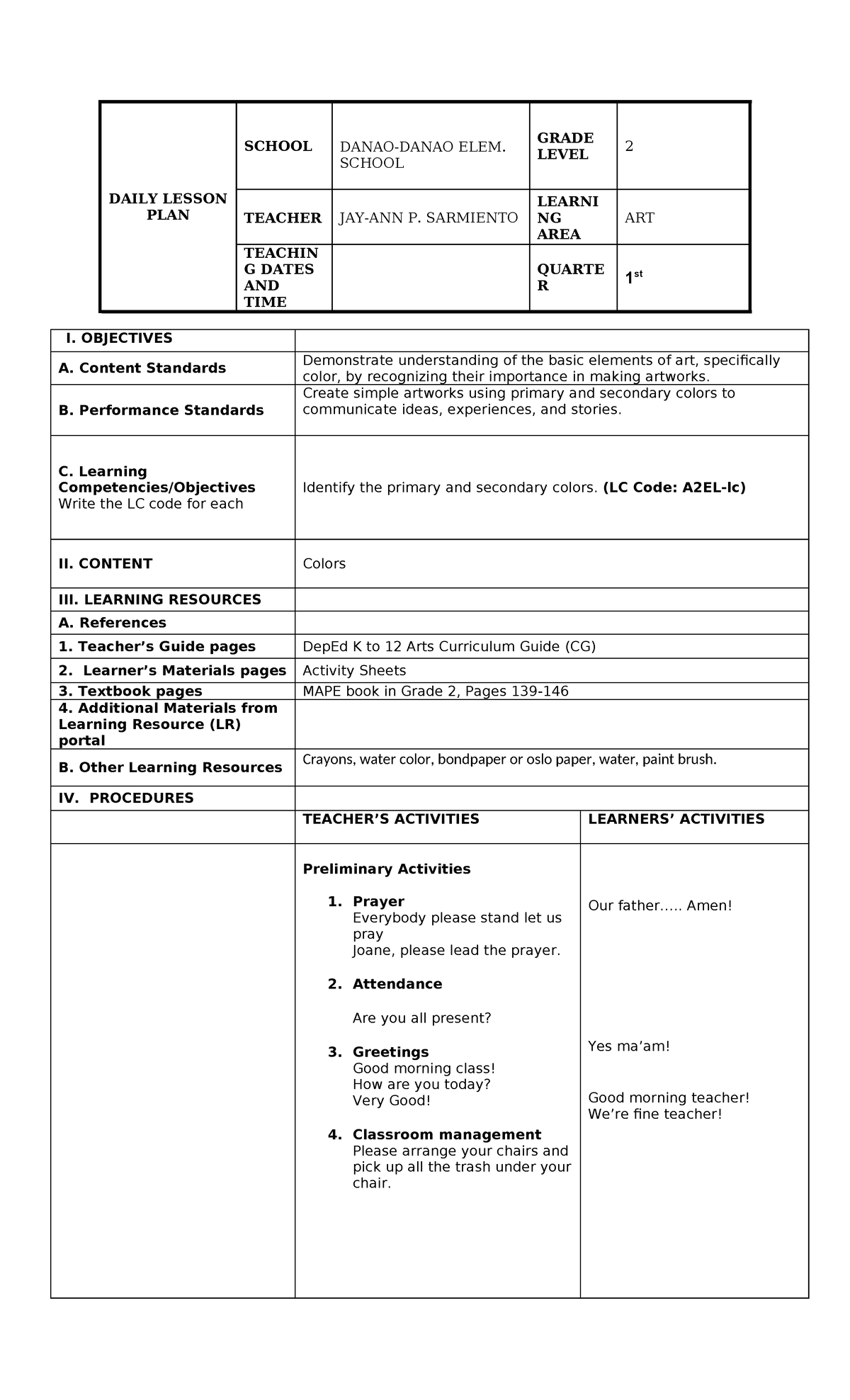 DAILY LESSON PLAN: ART FOR GRADE 2 (Q1) BY P. SARMIENTO - Studocu