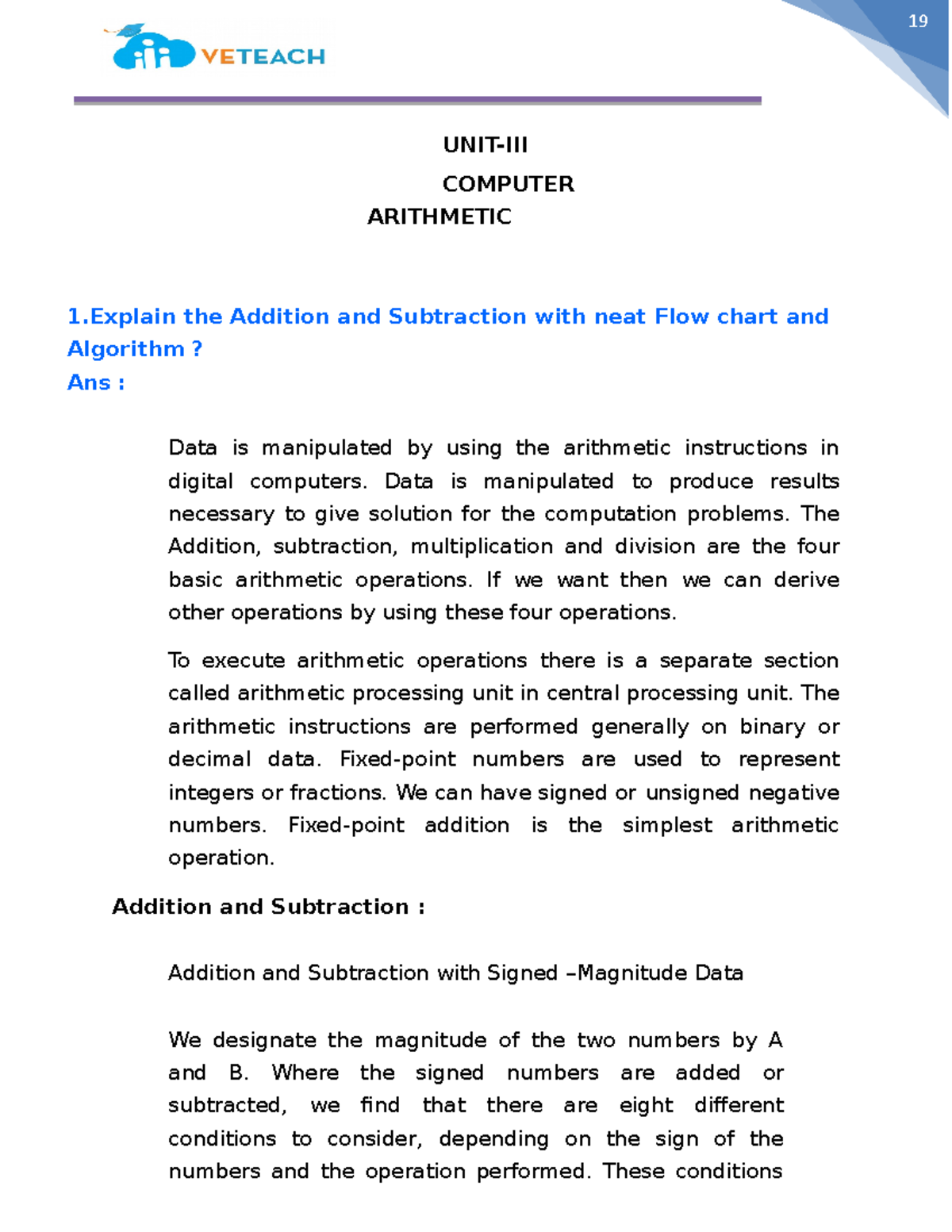 Coa Unit Iii Detailed Notes On Computer Arithmetic Operations Studocu
