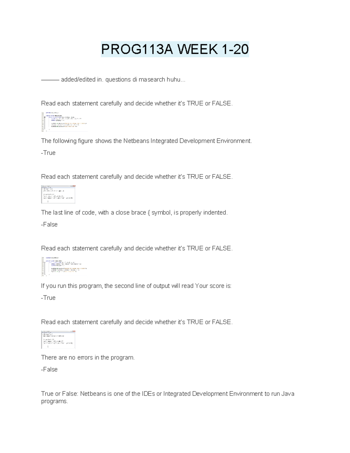 (WEEK 1-20) Programming (Java) Nciii Part 2 - PROG113A WEEK 1- ——— added/edited in. questions di ...