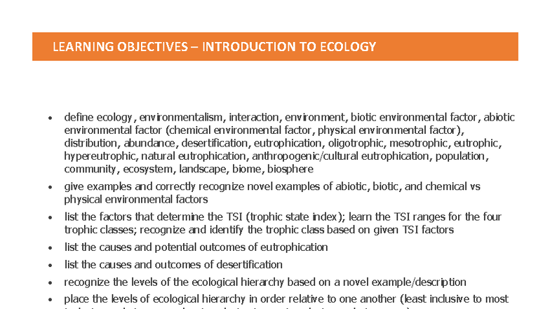 Learning Objectives: Intro to Ecology - Key Concepts & Terms - Studocu
