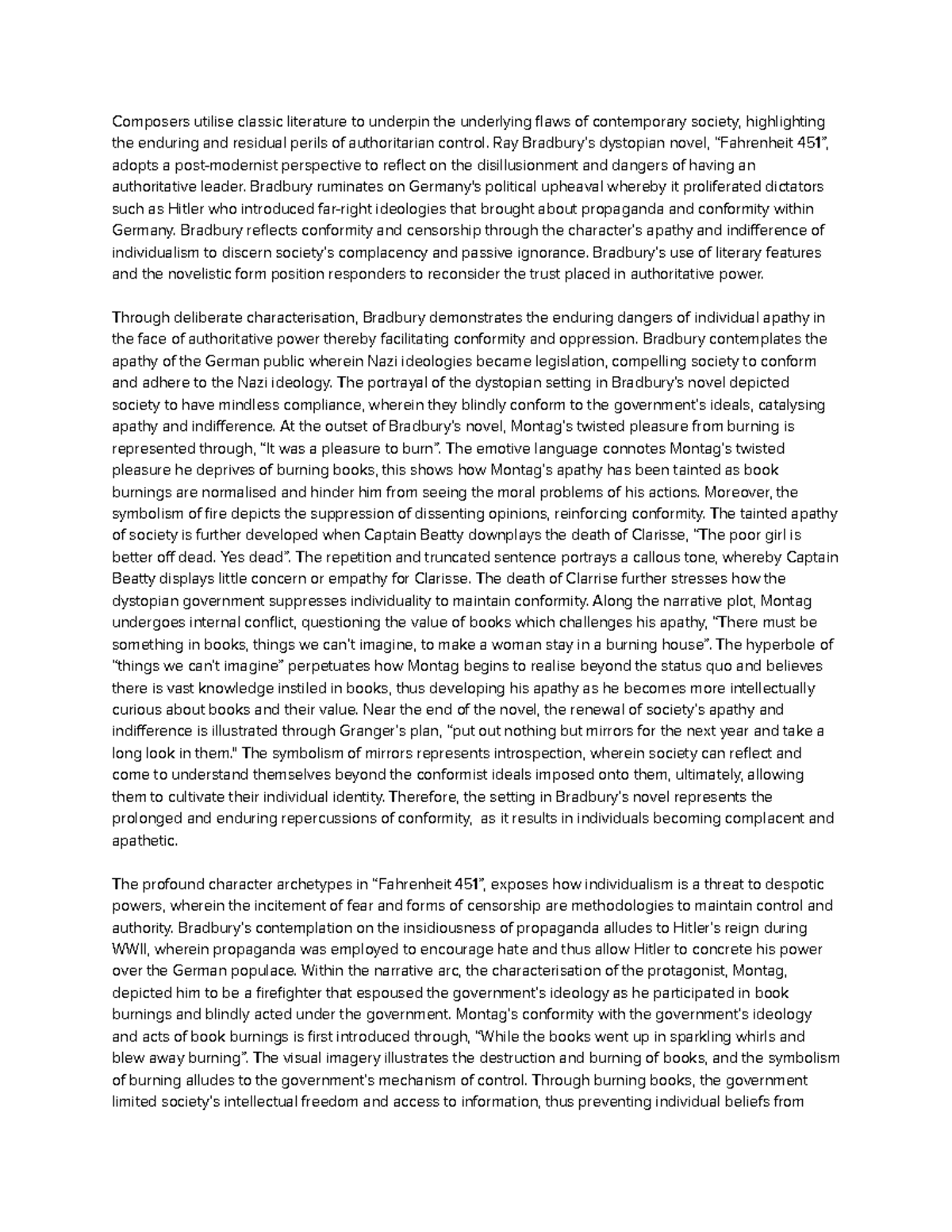 Fahrenheit 451 Essay: Themes of Apathy and Authoritarian Control - Studocu