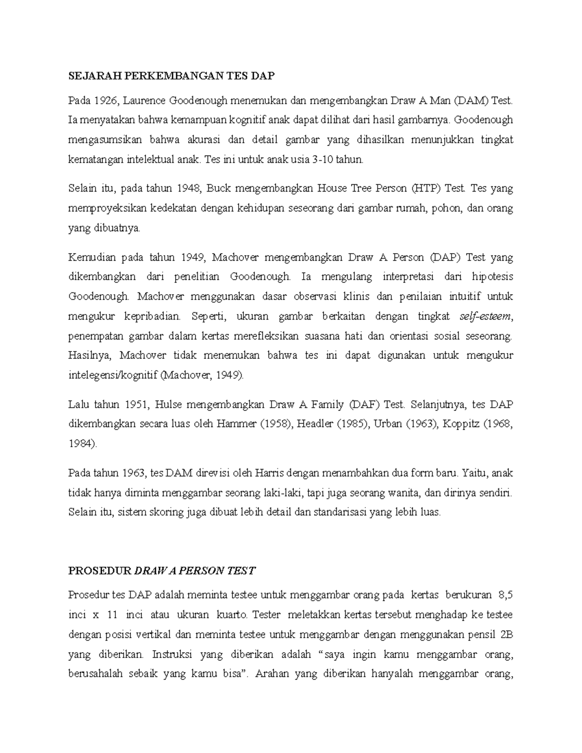 Sejarah dan Prosedur Tes DAP: Kelompok 6 - DAP Klmpk 6 - Studocu
