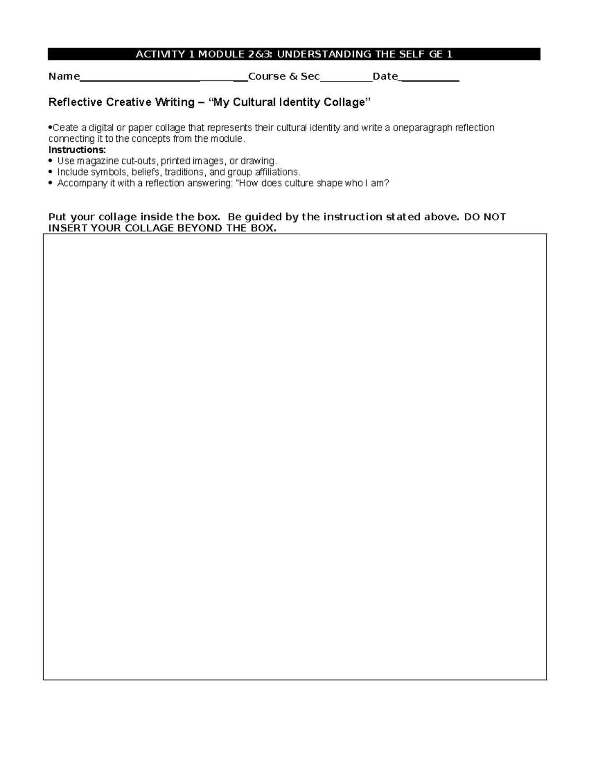 Activity 1: Understanding the Self - GE 1 Reflective Writing on ...