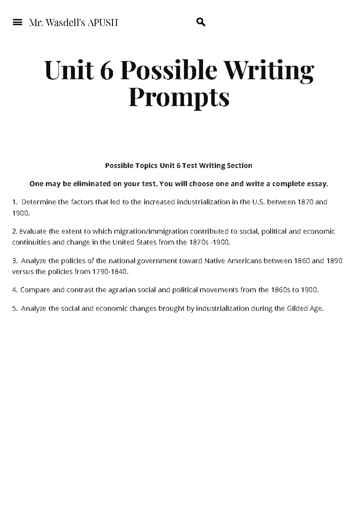 APUSH Unit 6 LEQ Prompts and Writing Section Overview - Studocu
