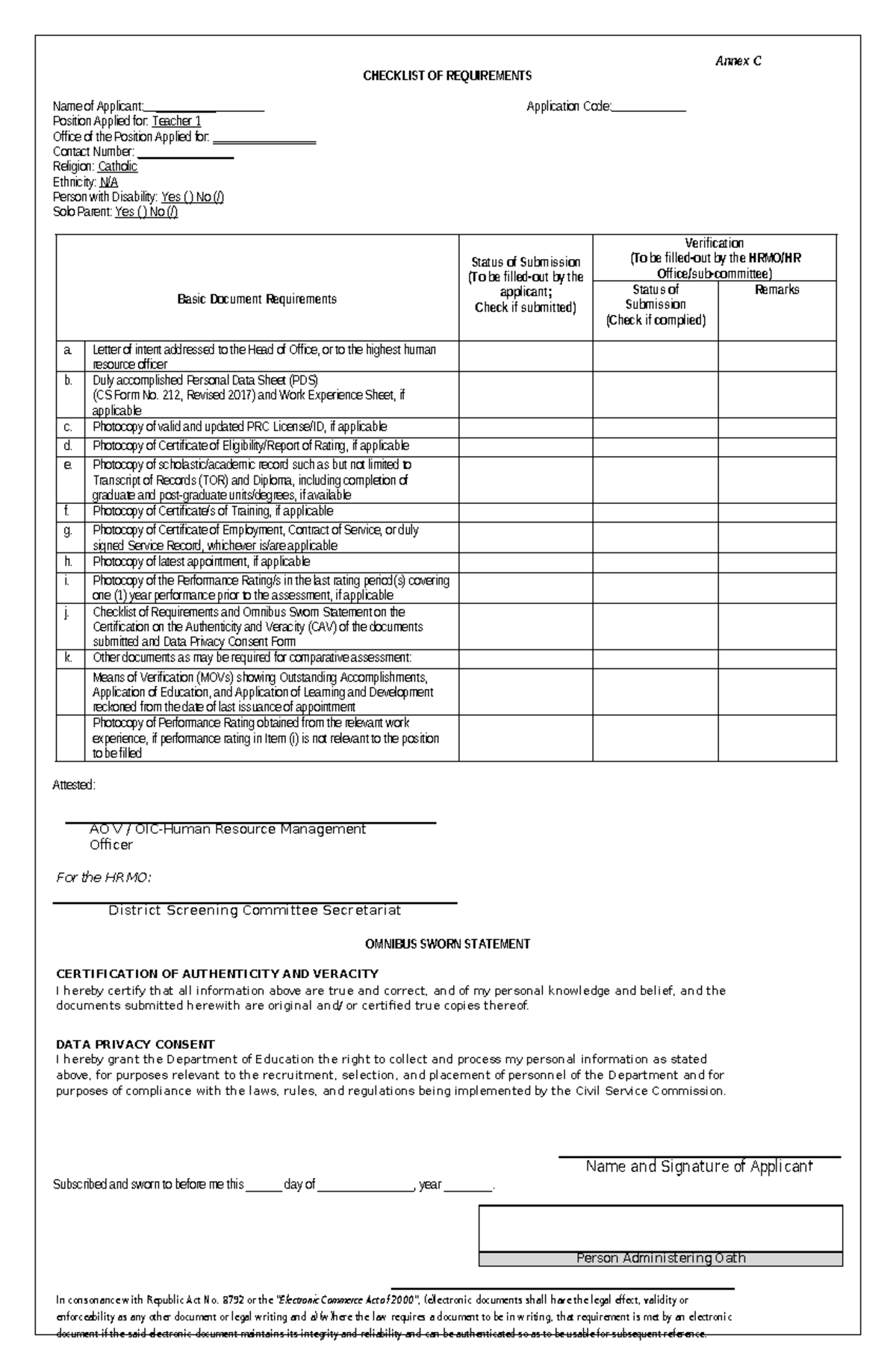 Teacher 1 Application Omnibus & Checklist for Requirements - Studocu