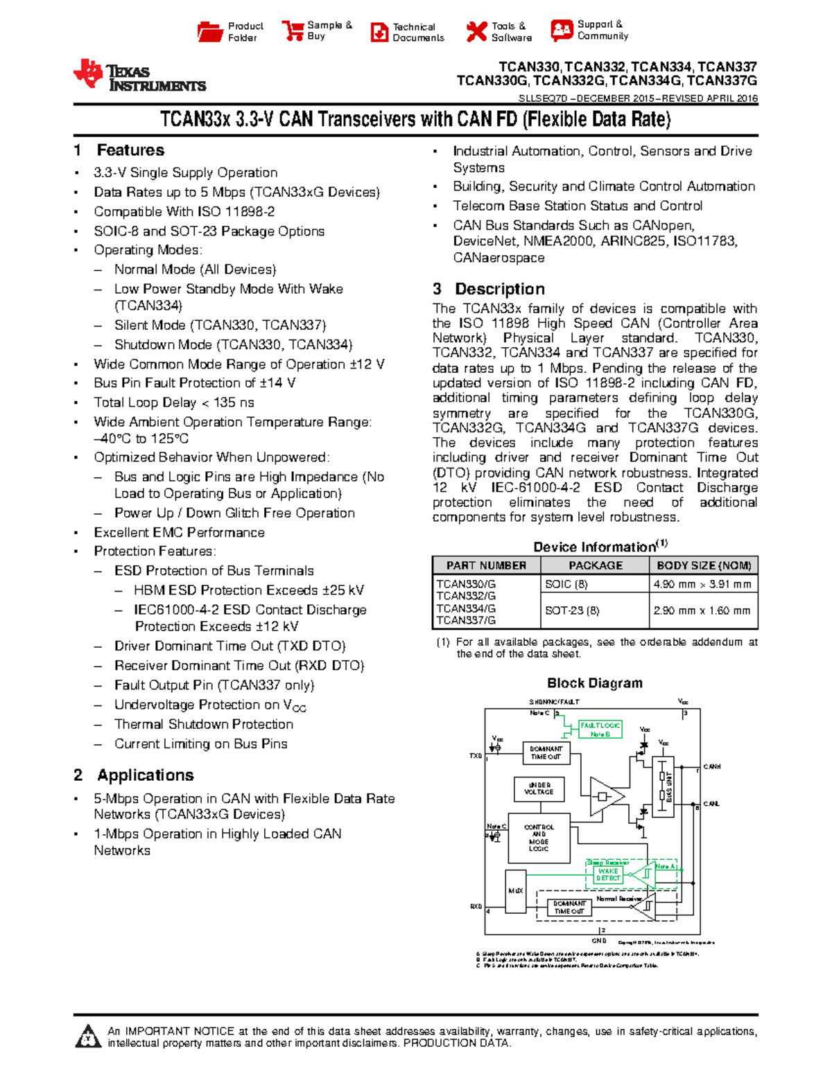 TCAN330 Technical Document: Features and Applications Overview - Studocu