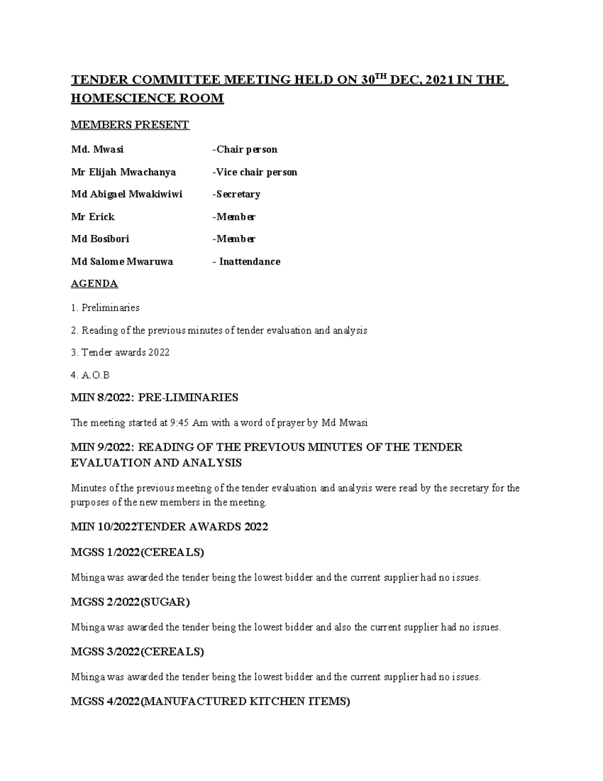 Tender Committee Meeting HELD ON 30TH DEC Award - TENDER COMMITTEE ...