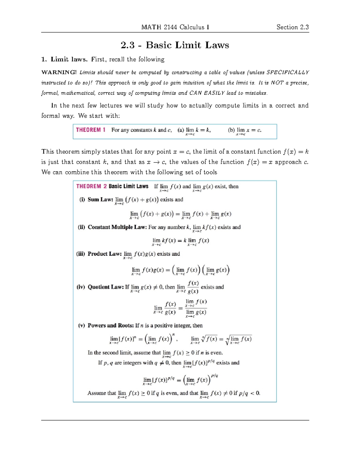 MATH 2144 Calculus I: Section 2.3 Basic Limit Laws Notes - Studocu