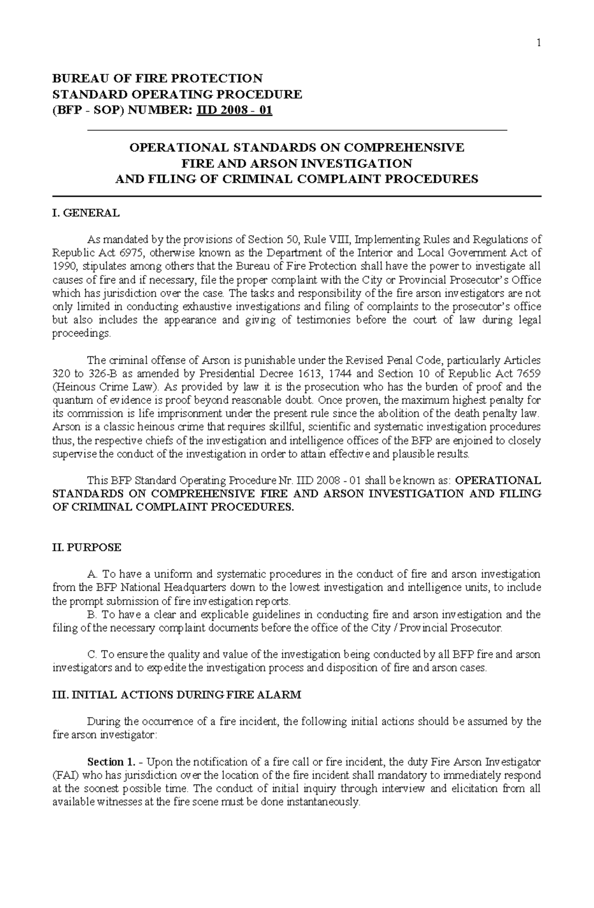 BFP SOP IID 2008-01: Ops Standards for Fire & Arson Investigation - Studocu
