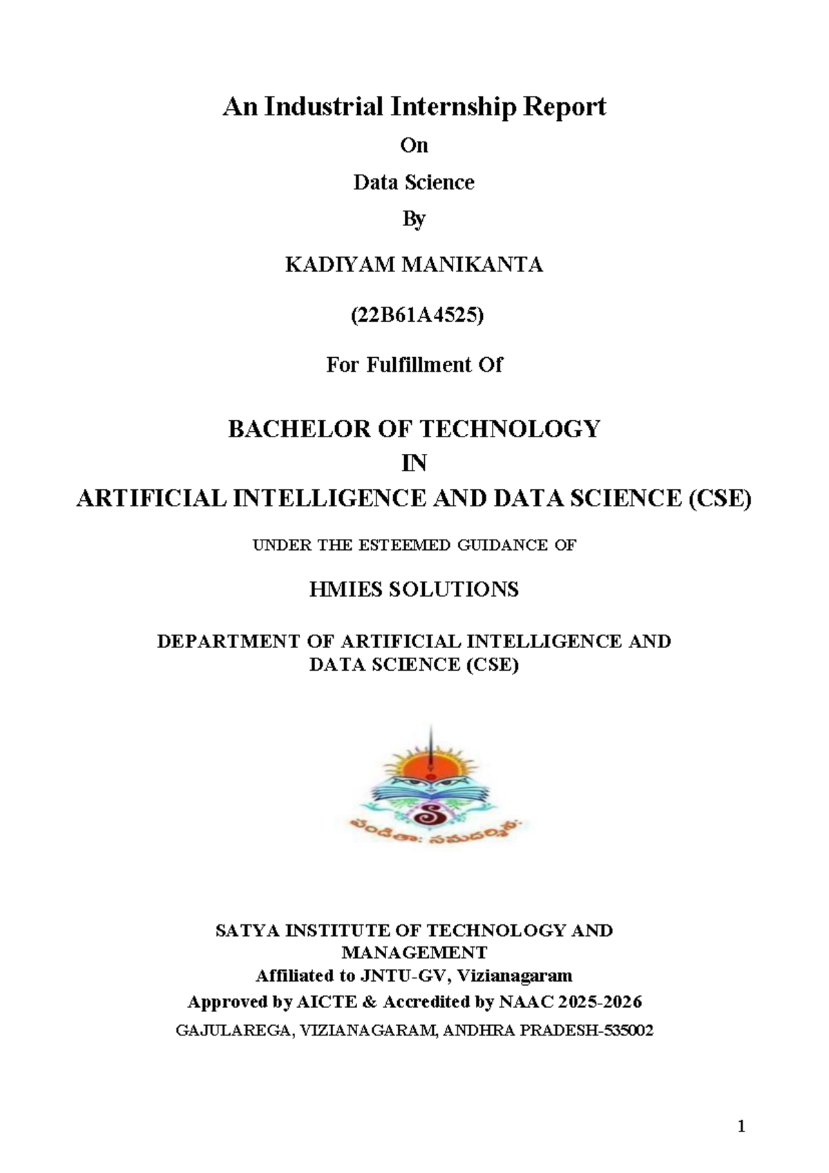 Data Science Internship Report - KADIYAM MANIKANTA (22B61A4525) - Studocu