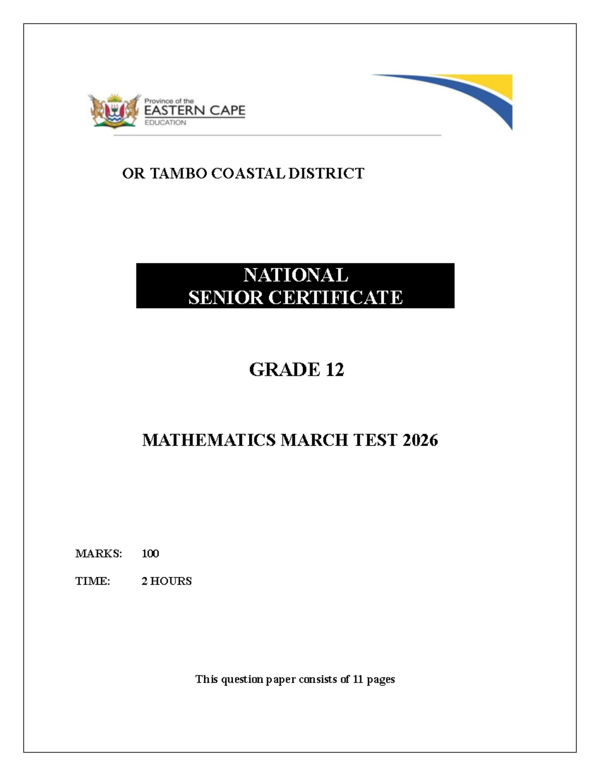 2026 G12 NSC OR Tambo Coastal District Math March Test - Studocu