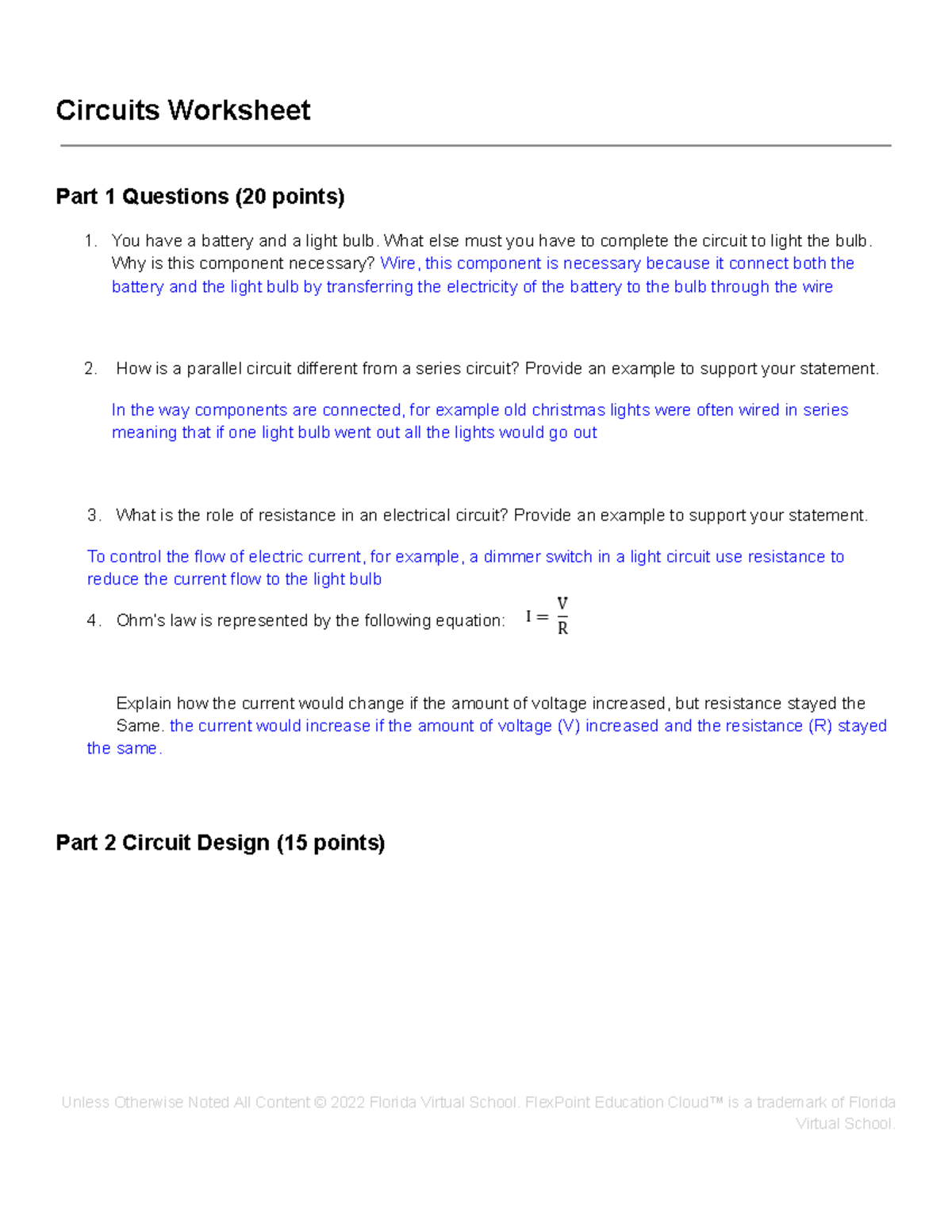 2.05 - Circuits Practice Worksheet Answer Key for Test Prep - Studocu