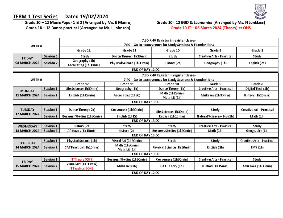 Term 1 Exam Timetable 2024 for Grades 8-12 - Studocu