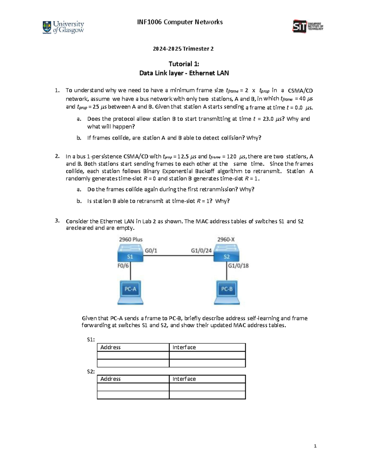 INF1006 T1 2025 - Tutorial 1 - INF1006 Computer Networks 1 2024-2025 ...