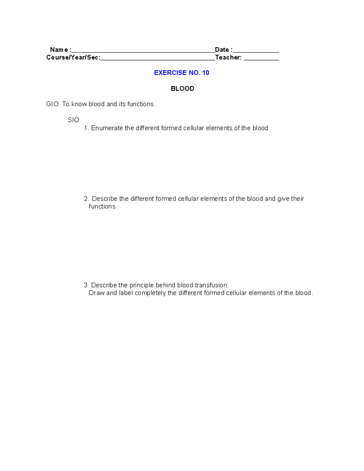 LAB Exercise Blood - Anatomy and Physiology - Name : Date : Course/Year ...