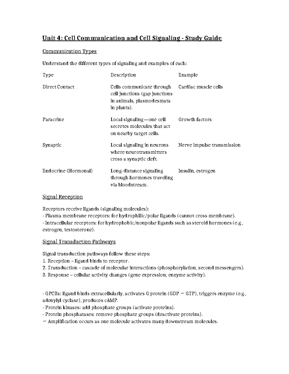 Unit 4: Quiz Study Guide on Cell Communication & Signaling - Studocu