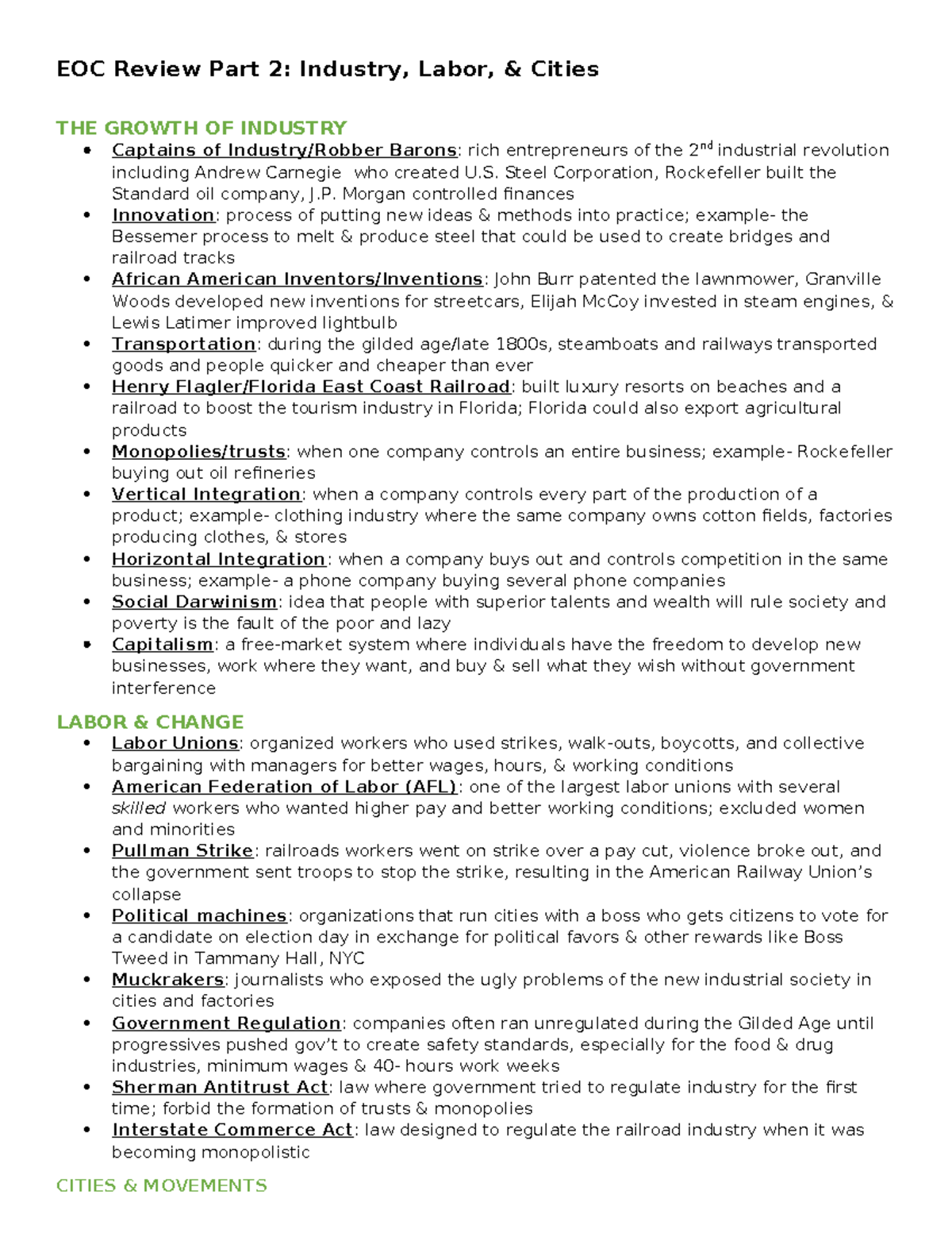 EOC Review 2 (24): Industry, Labor, Cities Insights and Key Concepts ...