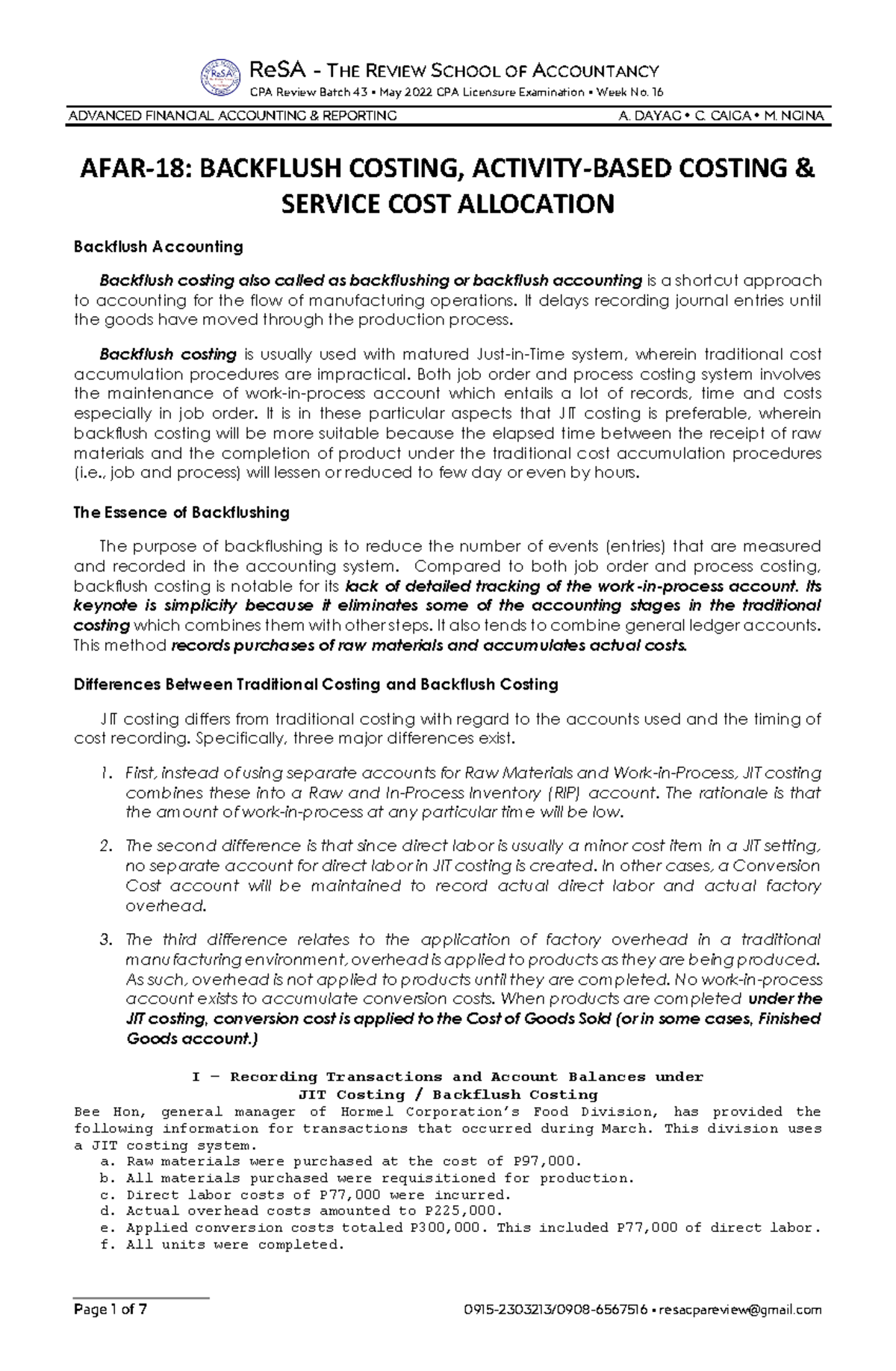 AFAR-18: Backflush Costing, ABC, and Service Cost Allocation Notes ...