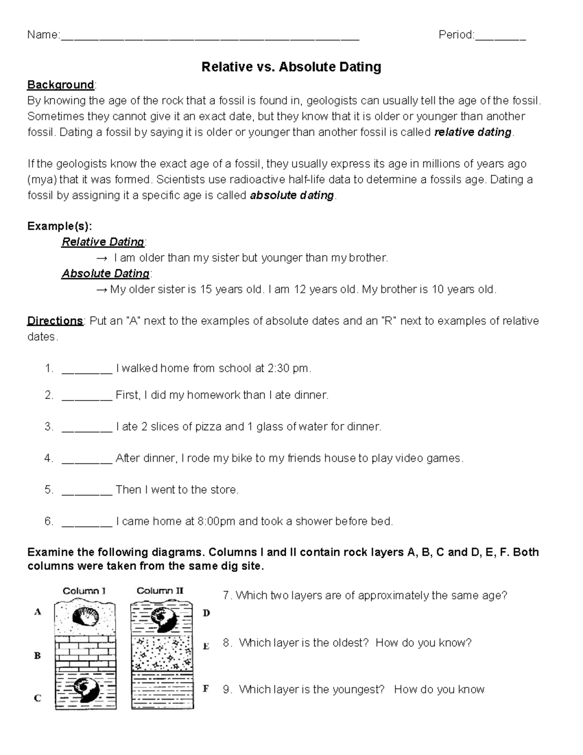 Absolute vs. Relative Dating Worksheet - Understanding Geologic Time ...