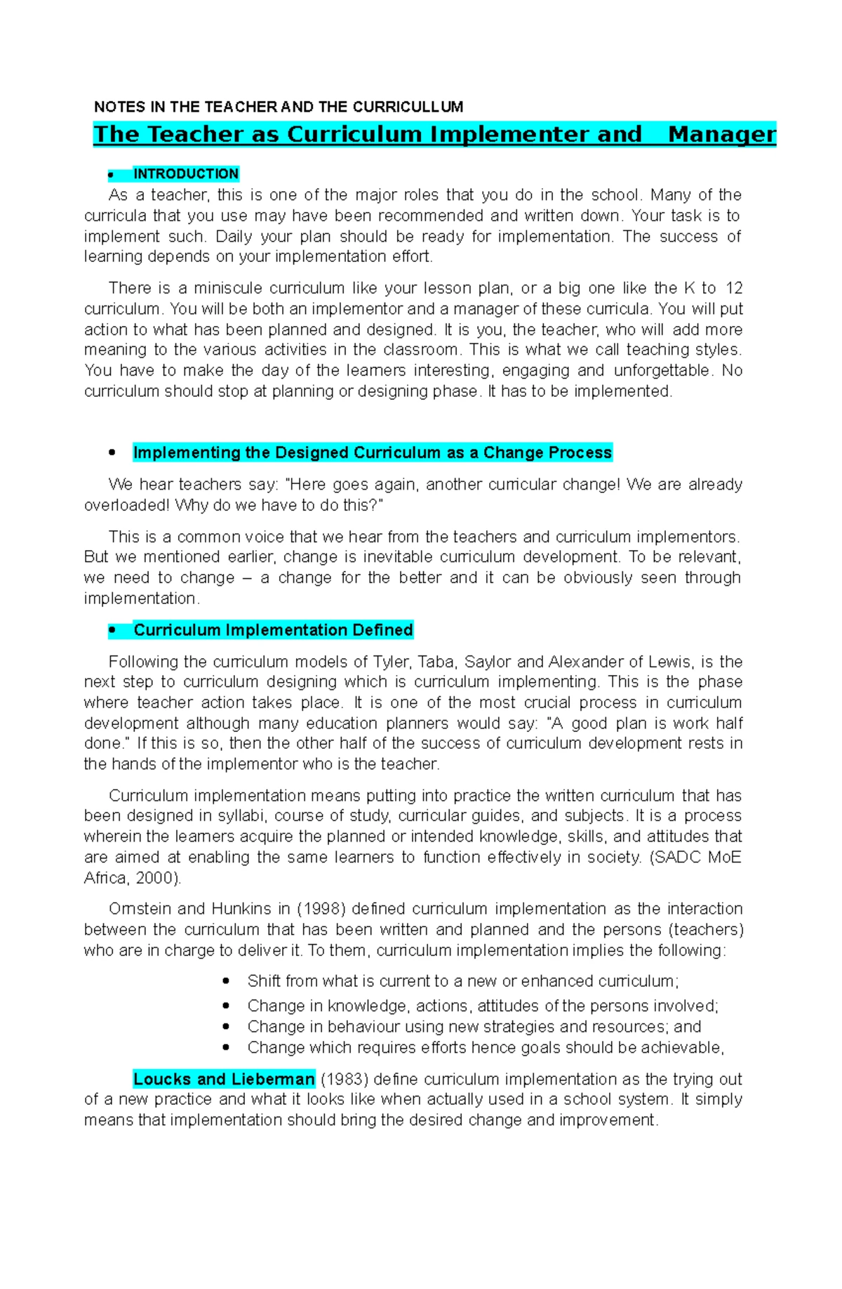 The teacher and the School Curriculum - NOTES IN THE TEACHER AND THE ...