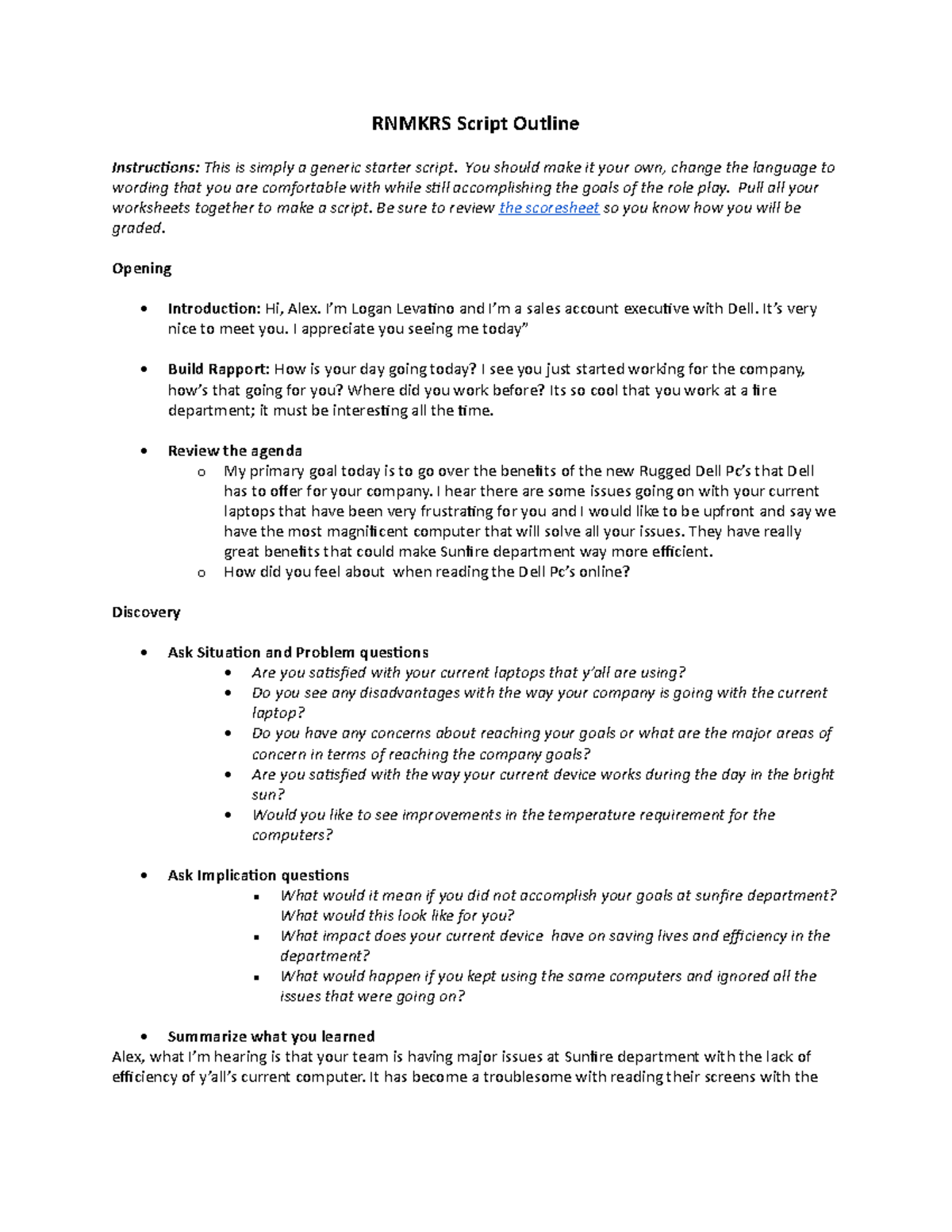 RNMKRS Role Play Worksheet 5 - Sales Script Outline - Studocu