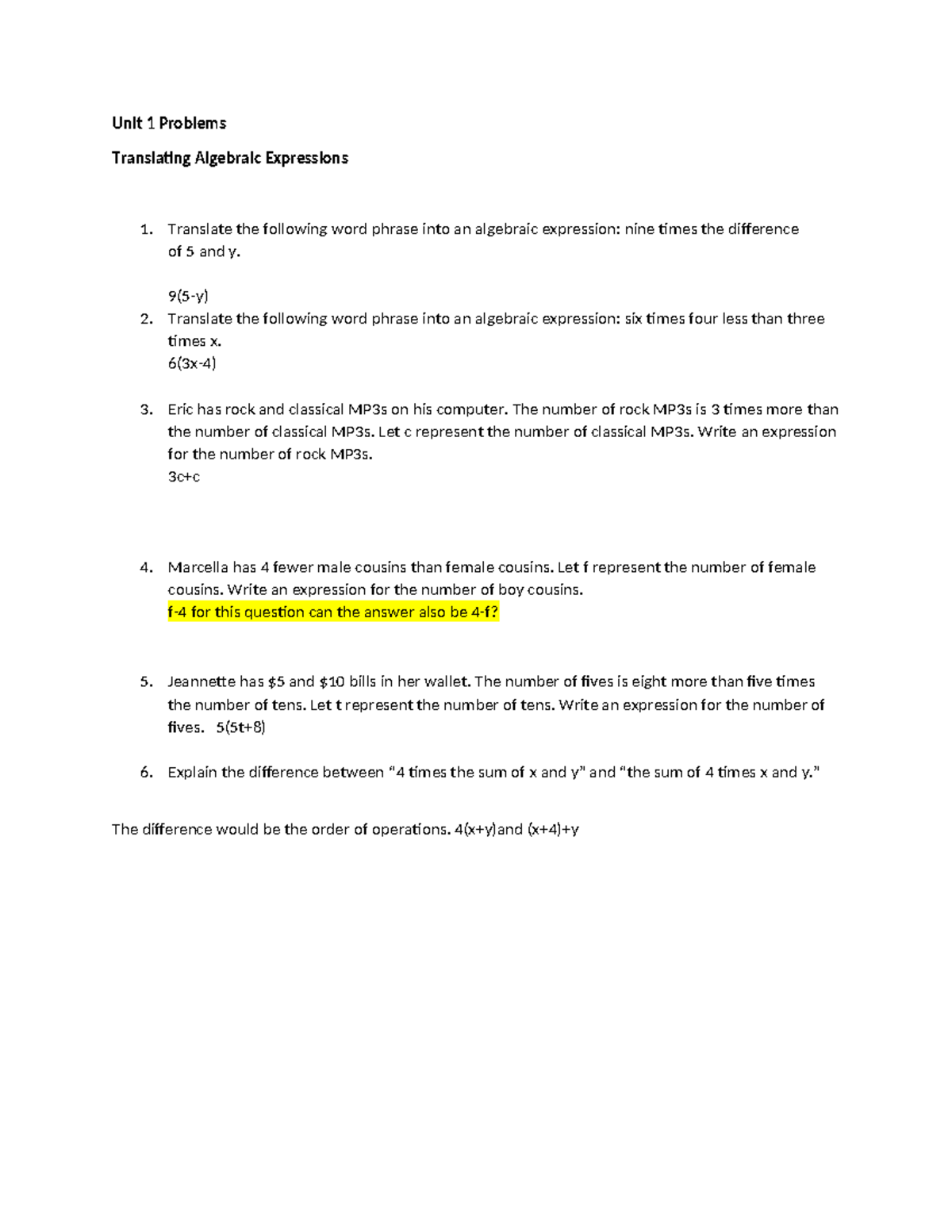 Unit 1 Problems 2023 - Unit 1 Problems Translating Algebraic ...