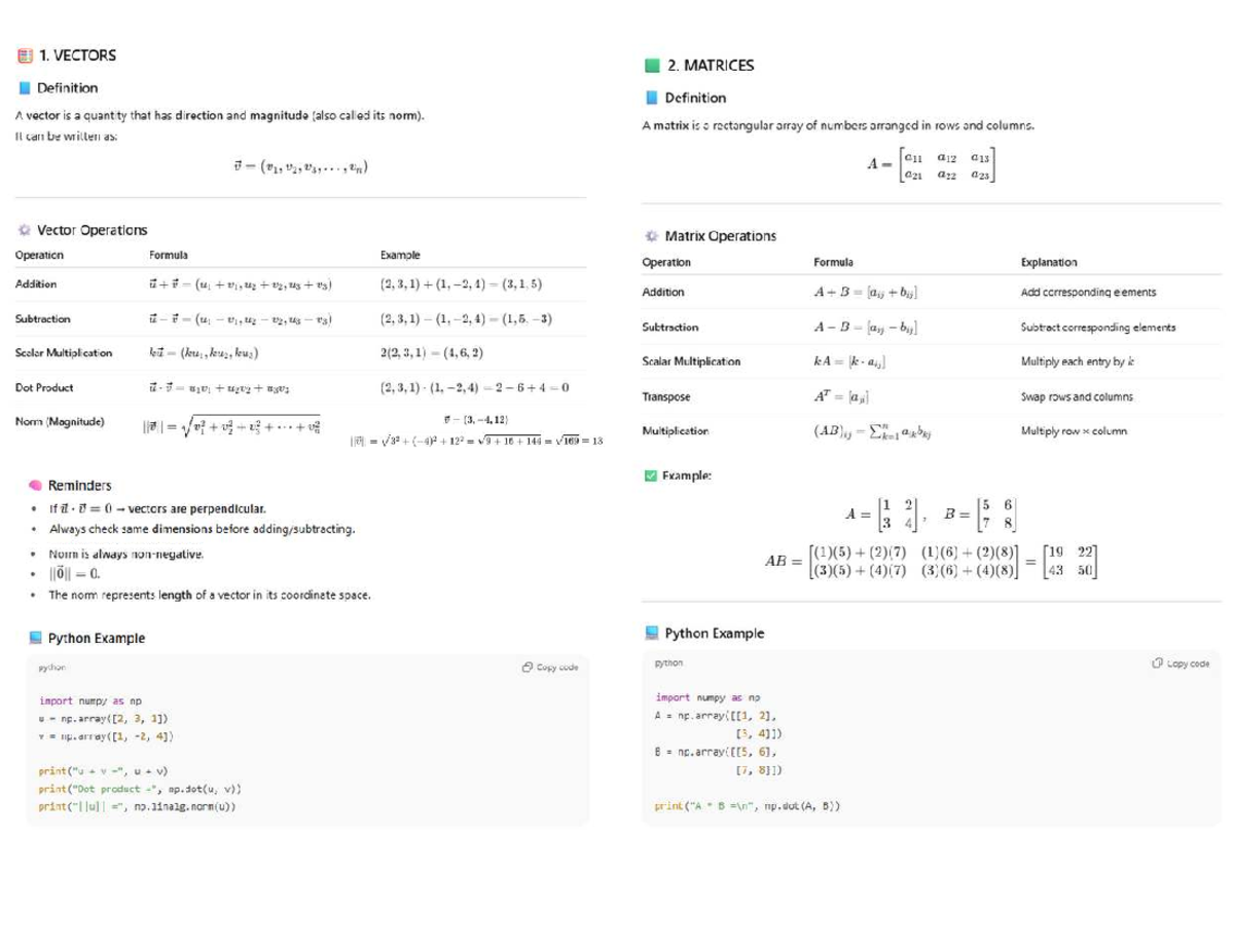 Linear Algebra (MATH101): Vectors, Matrices, and Operations - Studocu