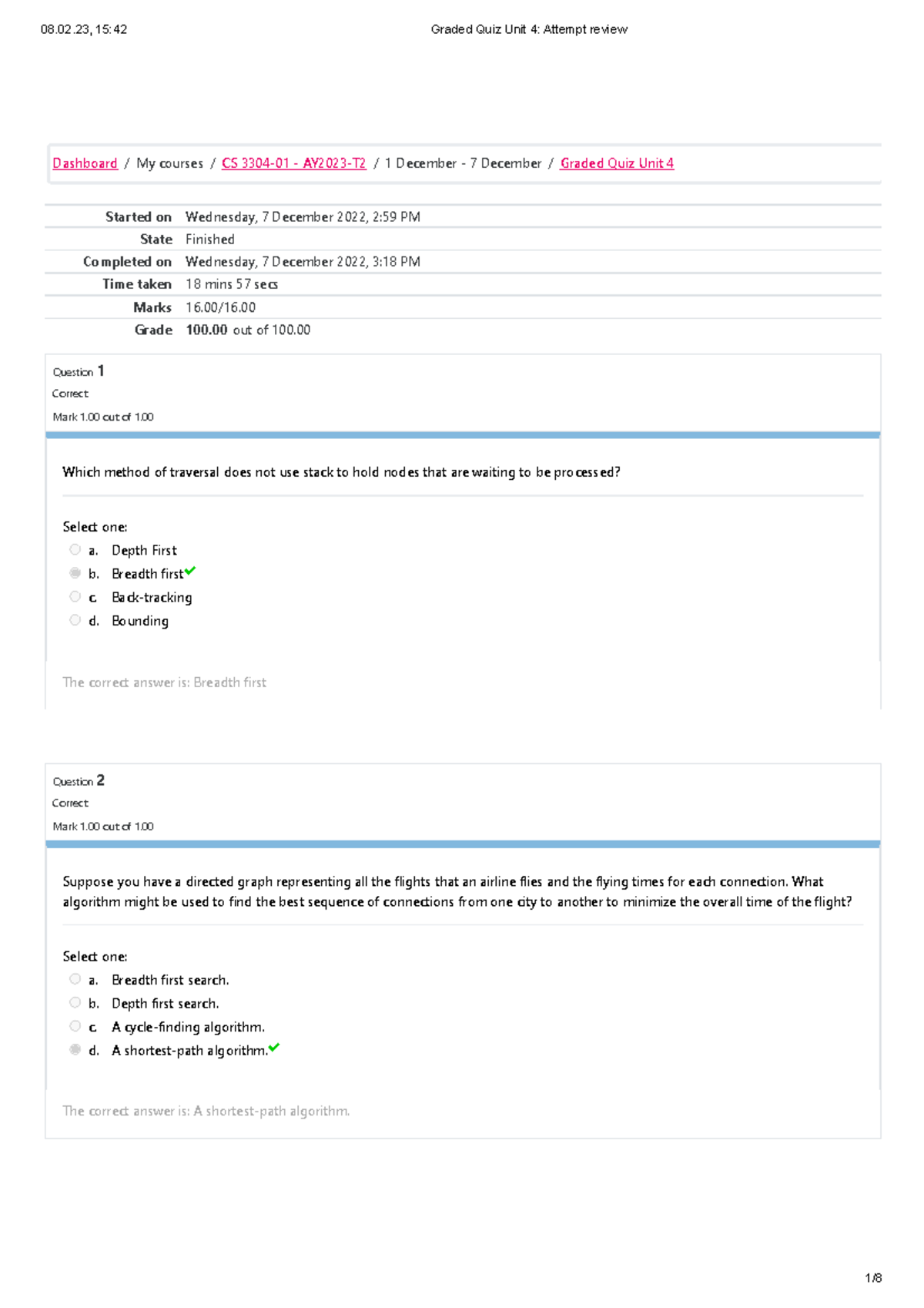 CS 3304 Graded Quiz: Analysis of Algorithms Unit 4 Results - Studocu