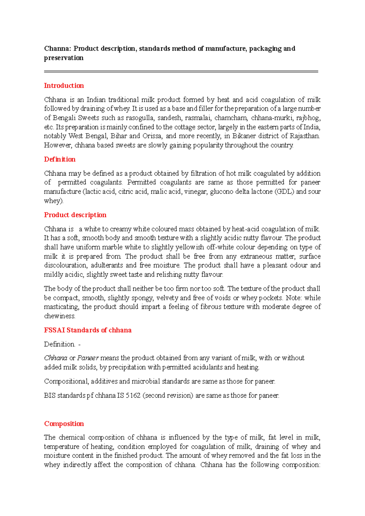 Channa Production: Standards, Methods, and Quality Factors - Studocu